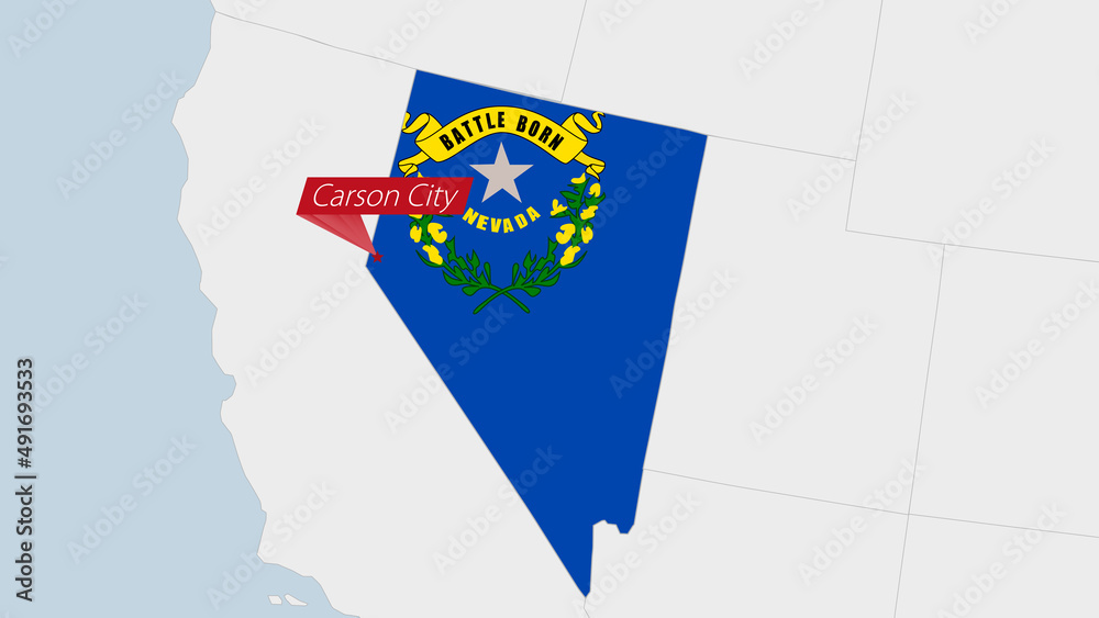 US State Nevada map highlighted in Nevada flag colors and pin of ...