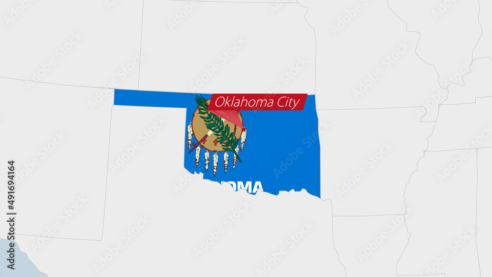 US State Oklahoma map highlighted in Oklahoma flag colors and pin of ...