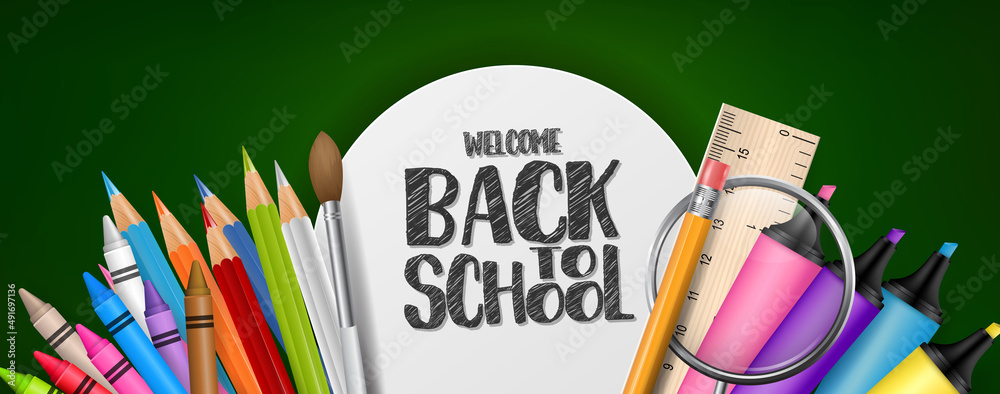 Back to school banner or header. Stationery supplies on green ...