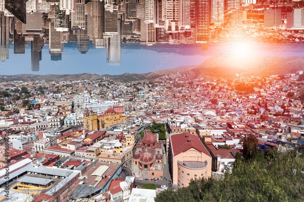 Rural versus urban areas. Beautiful landscape from one side and city ...