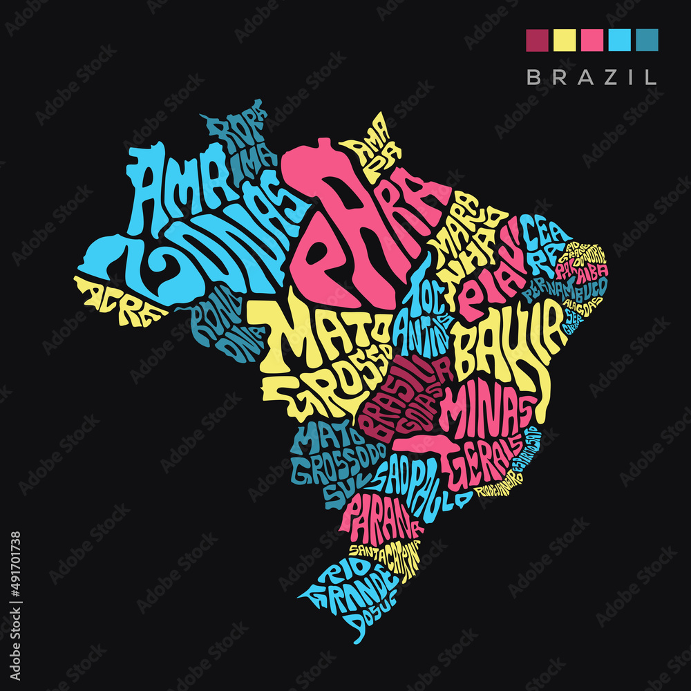 Brazil Map with all states name typography. Brazil lettering map. Stock ...