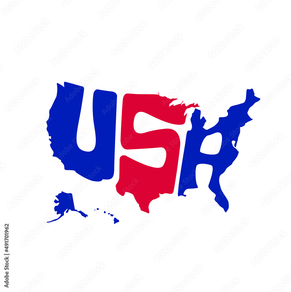 USA map typography. USA map lettering with national flag colors. Stock ...