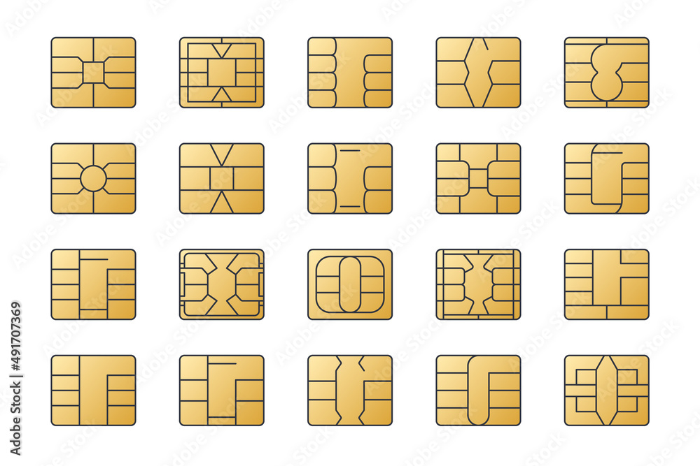 EMV chip gold vector icons. Editable stroke. Set line nfc symbol ...