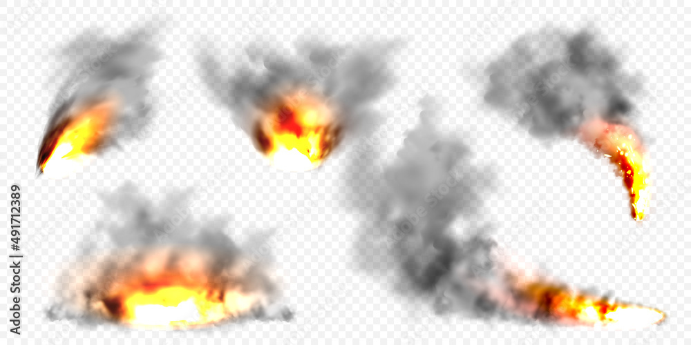 Realistic black smoke clouds and fire. Flame blast, explosion. Stream ...