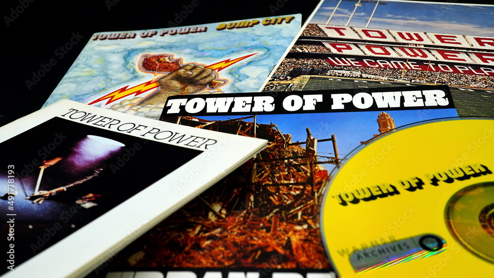 CD covers of the funk group TOWER OF POWER, active since the 70s Stock ...