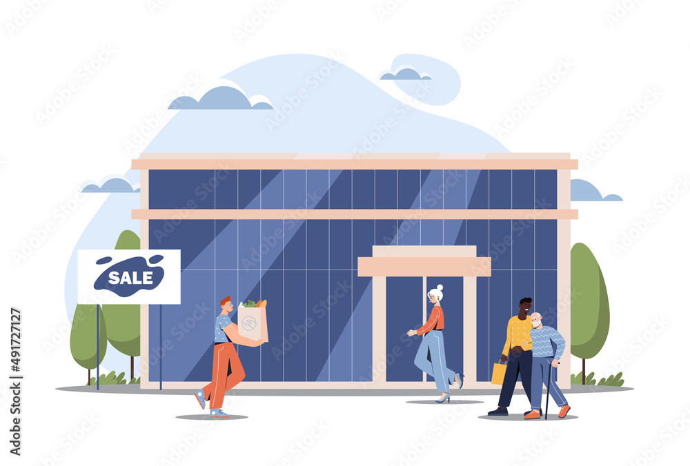 Shop building concept. People walk along city streets, characters go ...