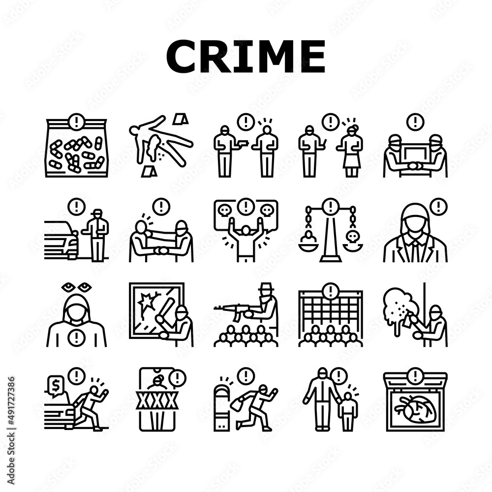 Crime Bandit Illegal Actions Icons Set Vector. Criminal Attempt And ...