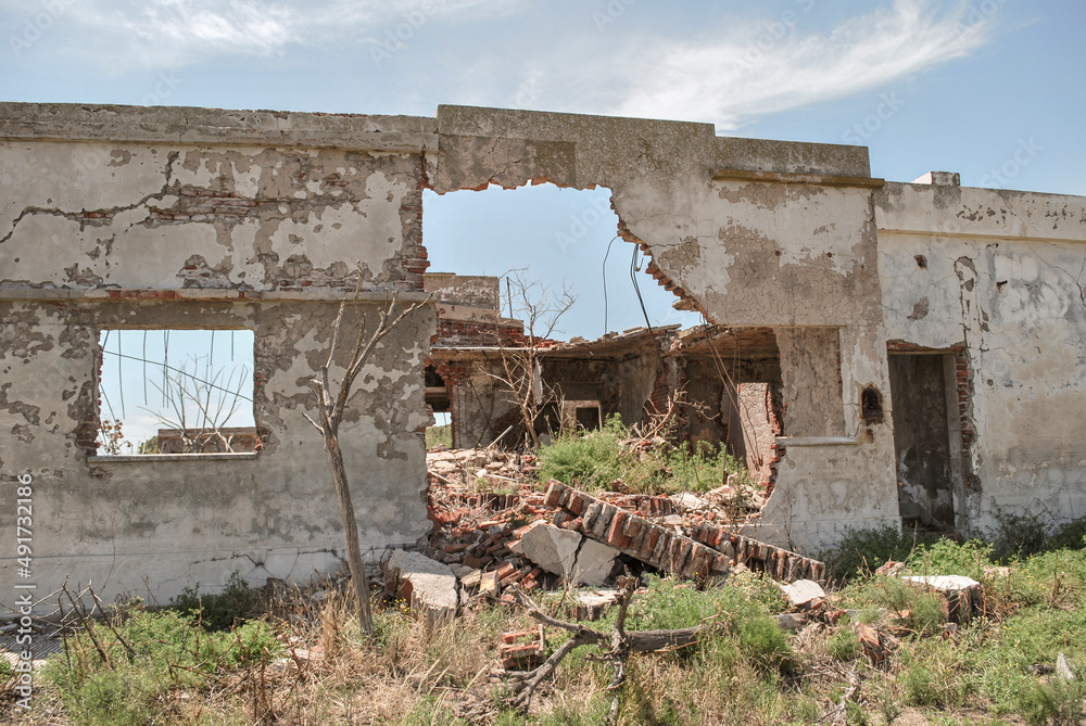 Destroyed buildings. Ruined and abandoned building. Destroyed city ...