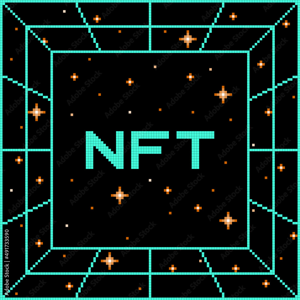 Pixel-art NFT message on a space background and vortex grid Stock ...
