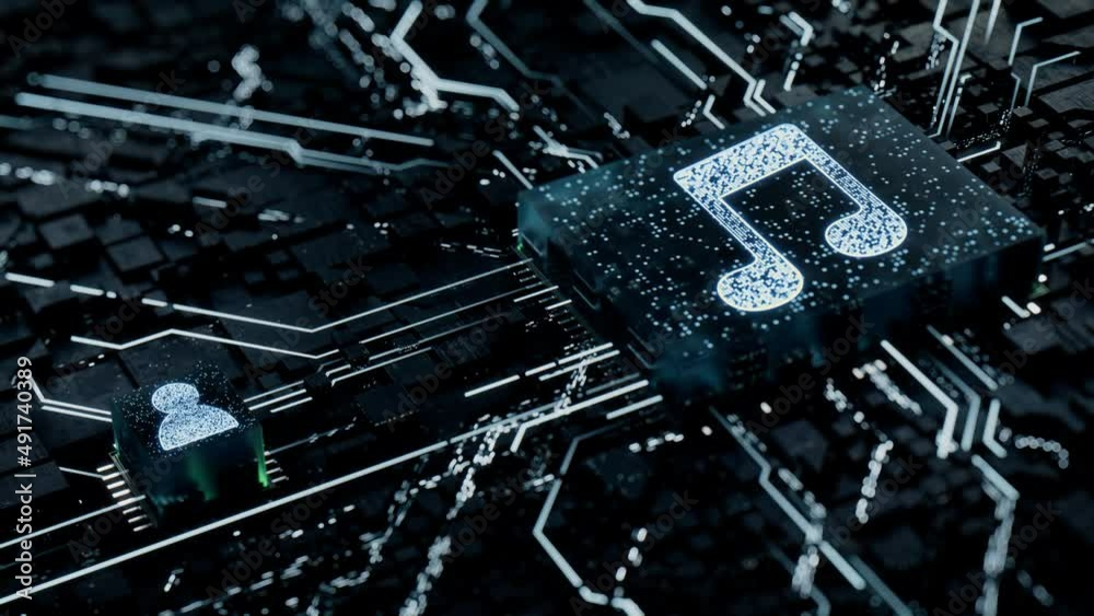 Audio Technology Concept with music symbol on a Microchip. White Neon ...