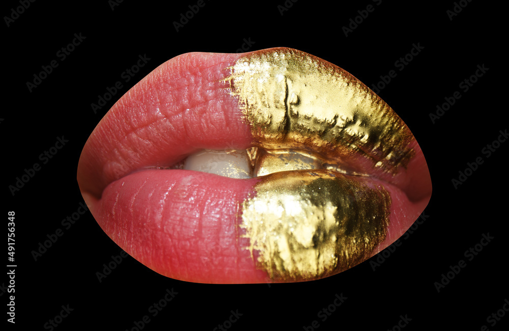 Sexy girl golden lips, gold mouth. Glowing gold skin make-up. Glitter ...