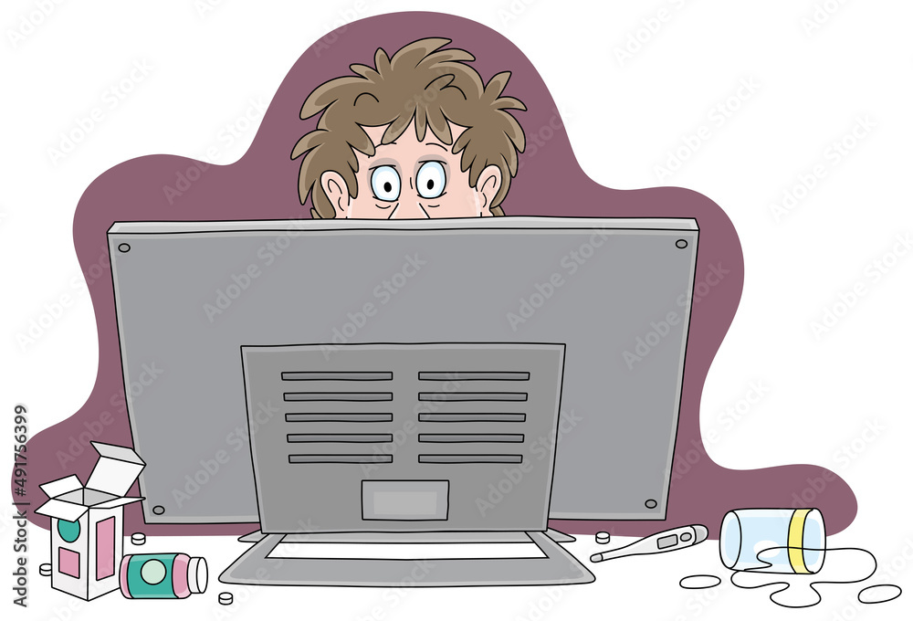 Vecteur Stock Frightened man in a panic hiding behind his computer ...