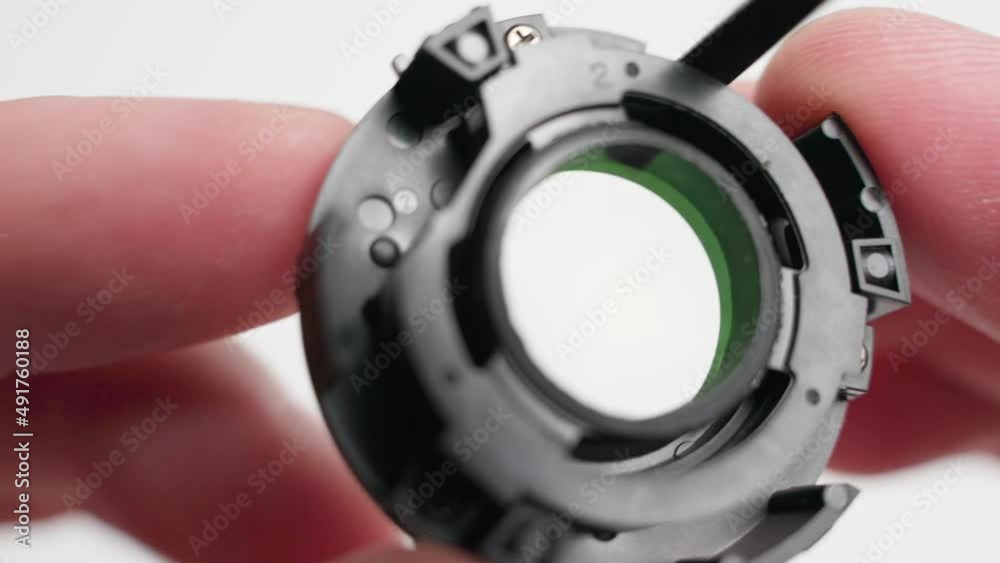 Aperture drive in the lens close-up. Opening and closing aperture ...