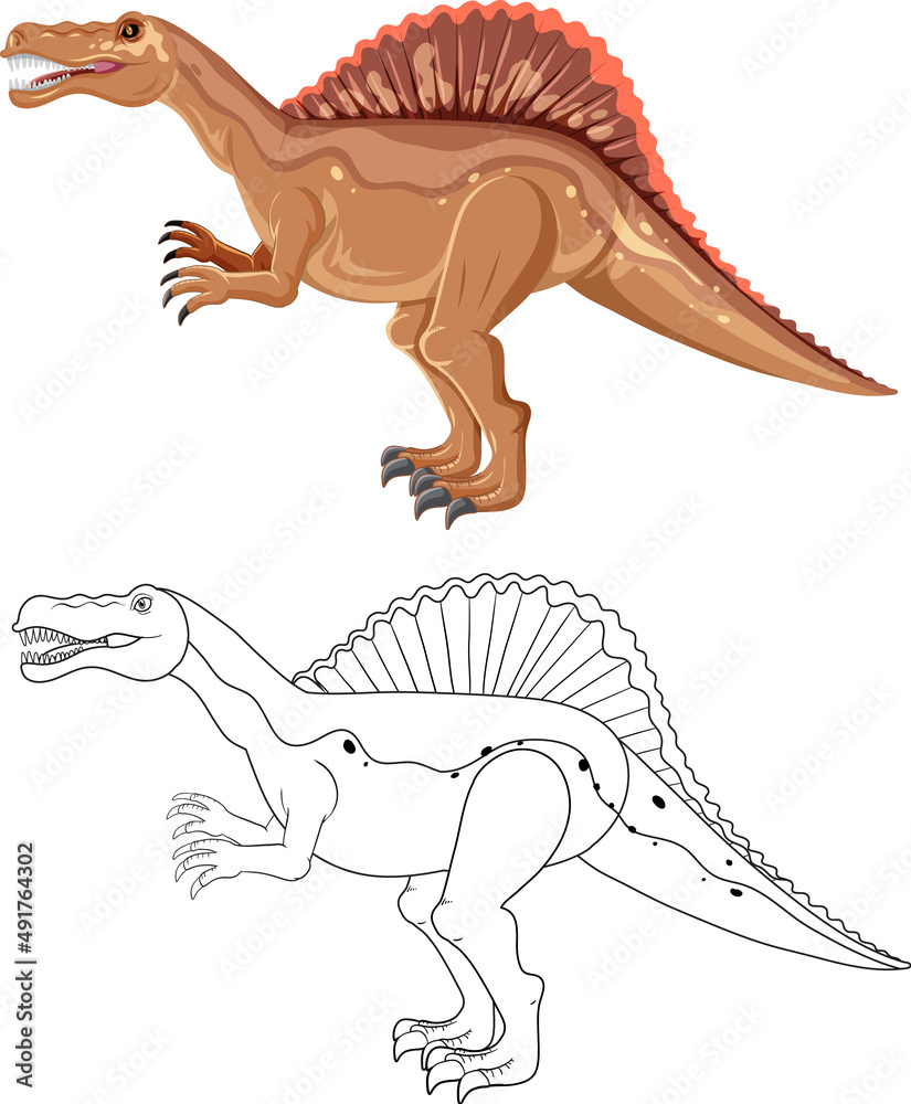 Spinosaurus dinosaur with its doodle outline on white background Stock ...