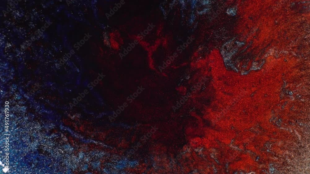 Blue purple and red ink splash. Chemical reaction macro, micro ...