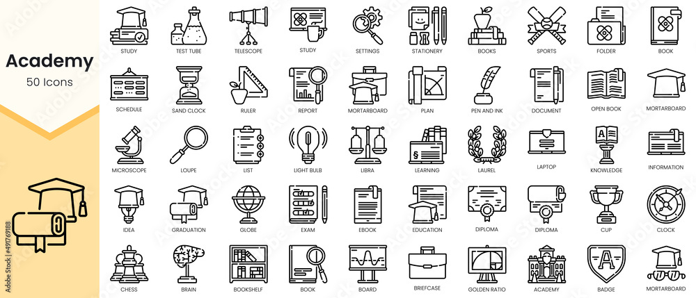 Set of Academy Icons. Simple Outline style icons pack. Vector ...