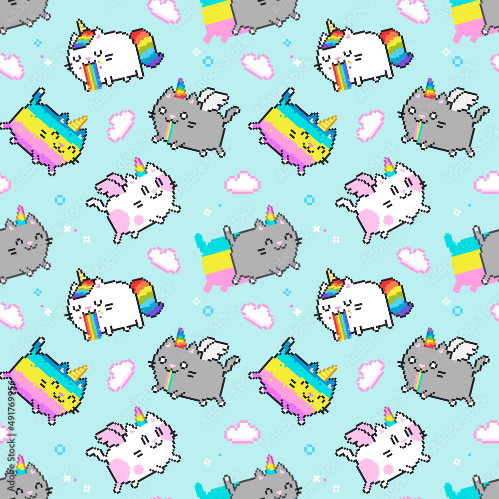 Cut Pixel Art Cat Unicorn or Caticorn psychedelic seamless pattern on ...