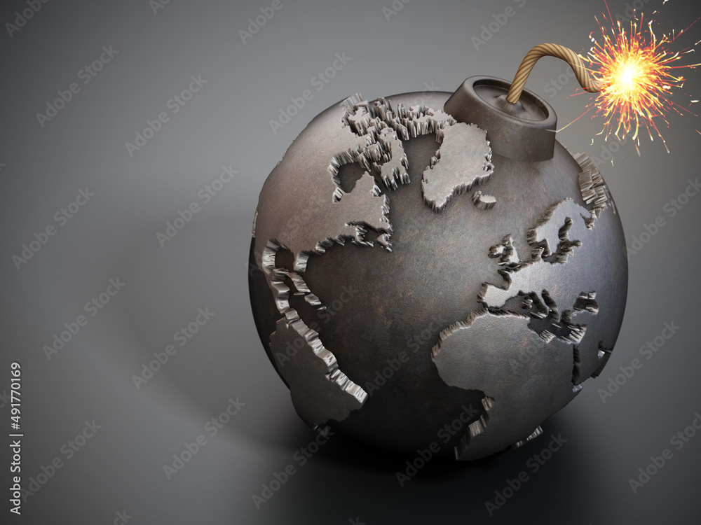 World map shaped bomb with burning fuse. 3D illustration Stock ...
