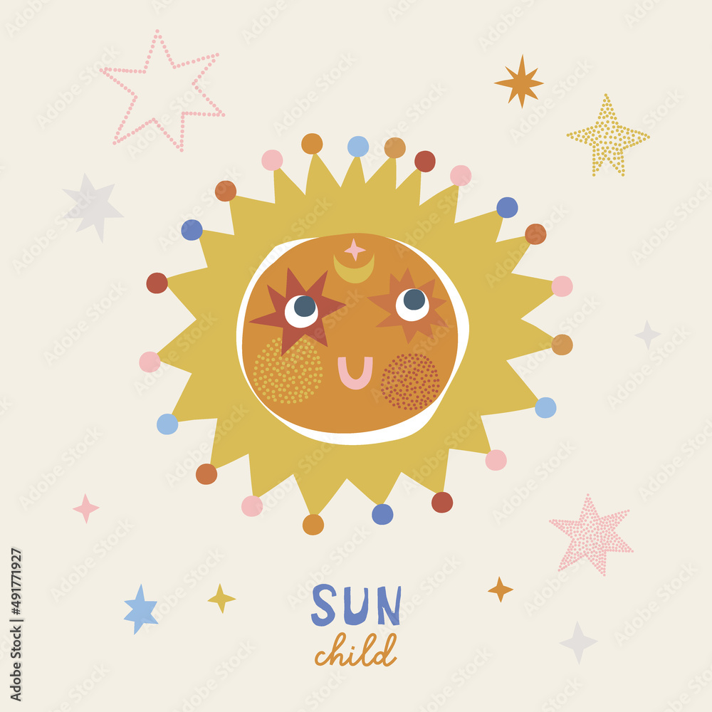 Cute Boho celestial childish smiling sun in starry sky vector ...