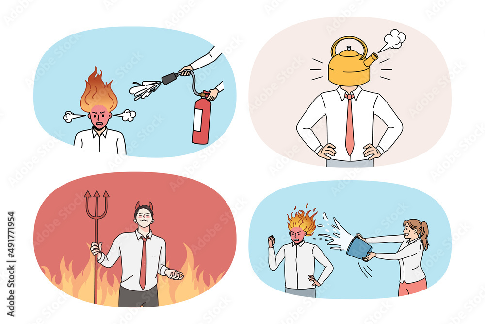Set of stressed businessman with burning head suffer from nervous ...
