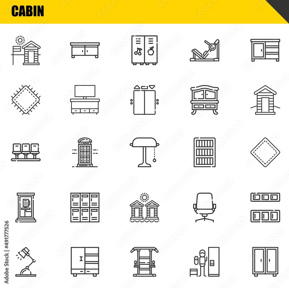 cabin vector line icons set. cabin, desk lamp and seats Icons. Thin ...
