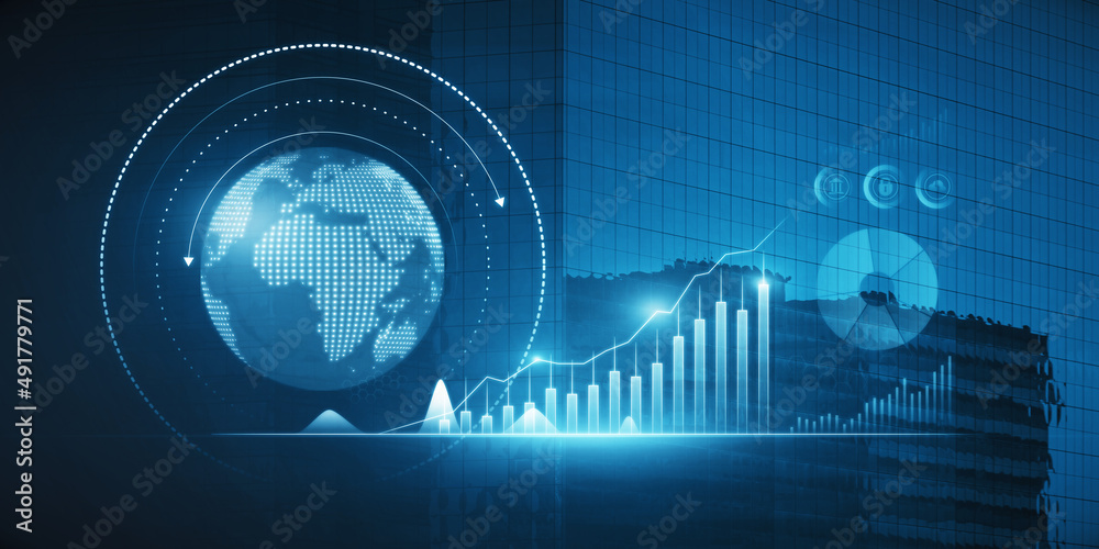 Abstract glowing digital business chart and globe on blurry background ...