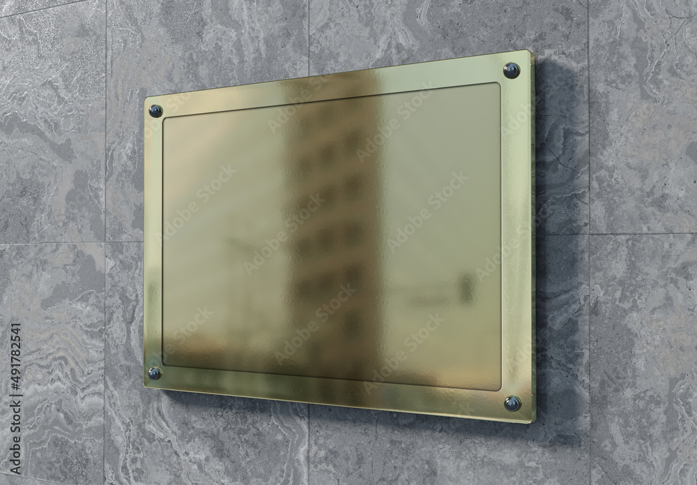 Golden sign plate on wall mockup. Template of a gold business signboard ...