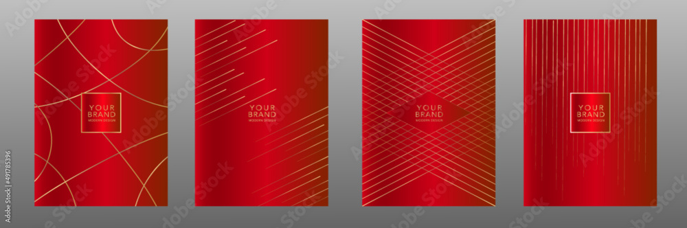 Contemporary red cover design set. Luxury dynamic gold circle line ...