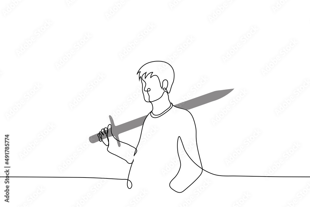 man stands with sword behind back - one line drawing vector. concept of ...
