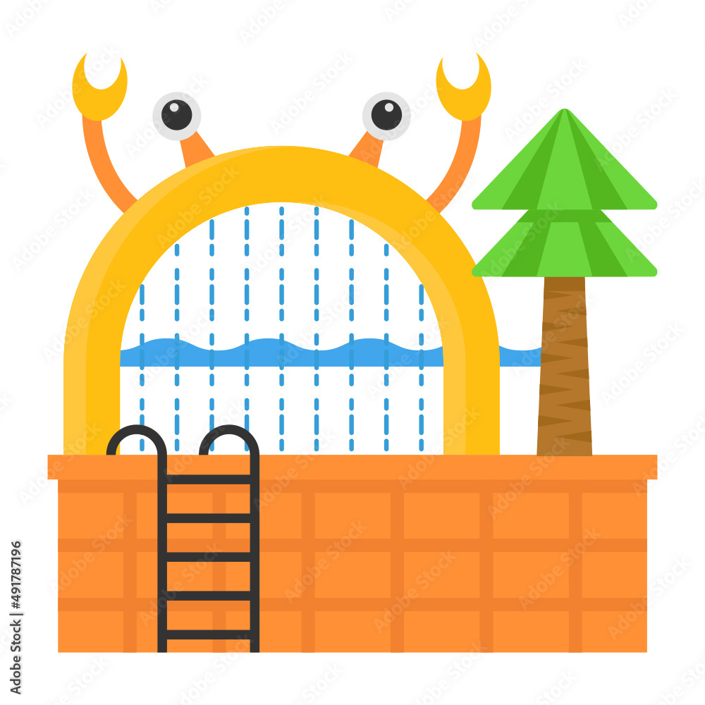 Kids splash pad Concept, rain deck with tree vector color icon design ...