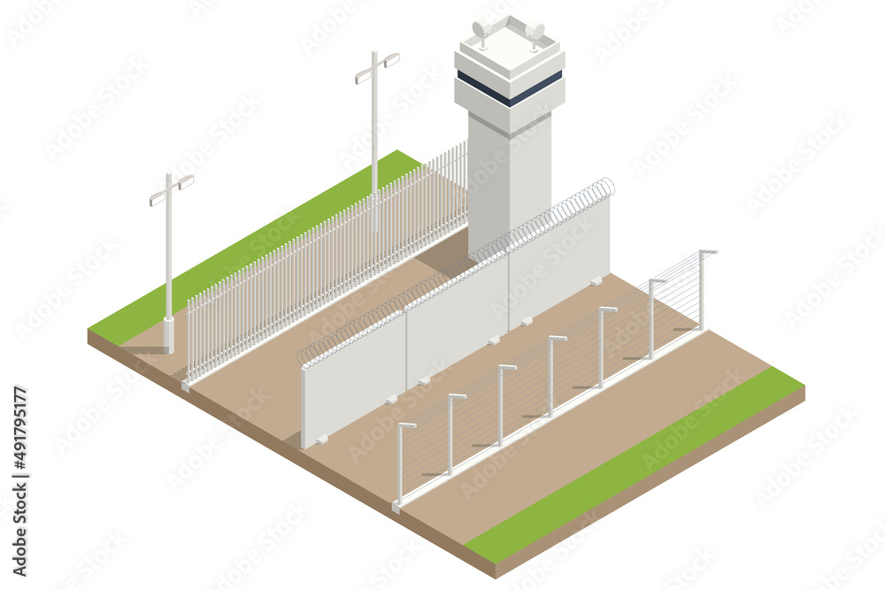 Isometric security fencing with razor wire watch tower. Prison Scene with razor wire and guard ...