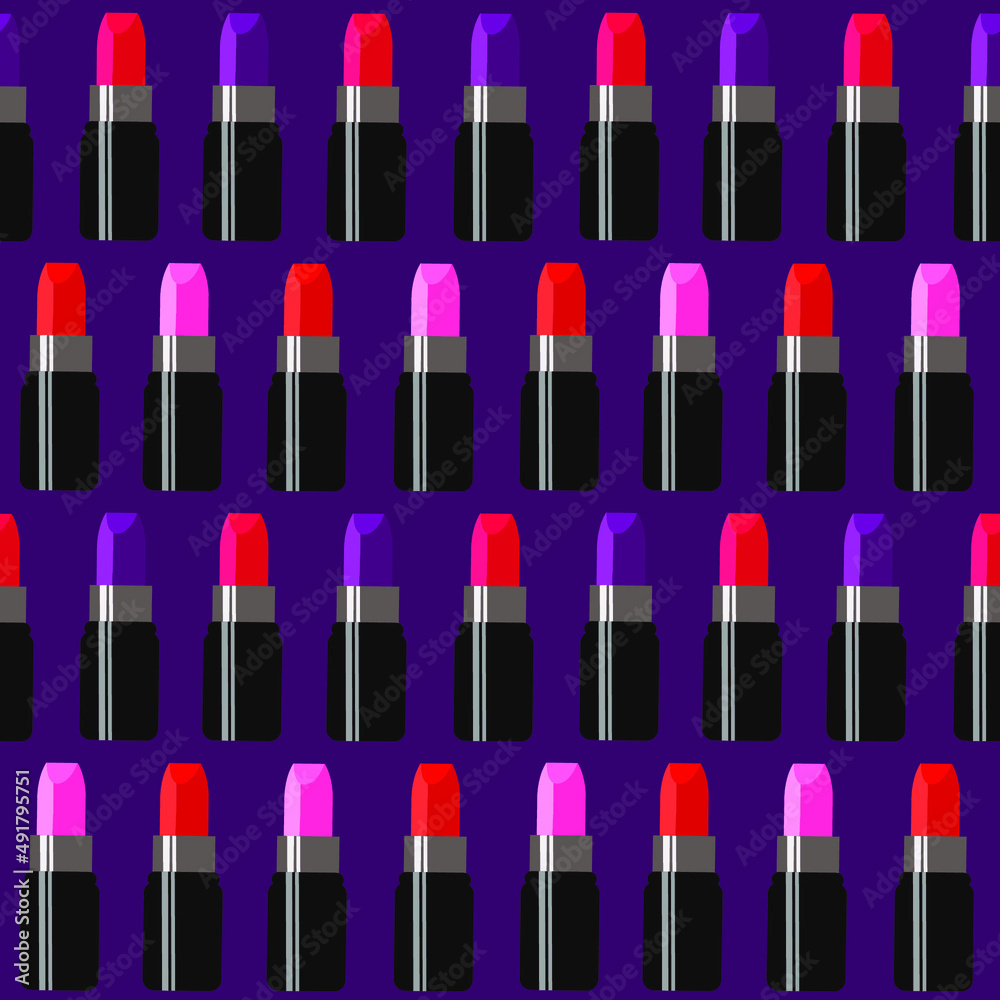 Seamless pattern with colorful lipstick on dark purple background ...