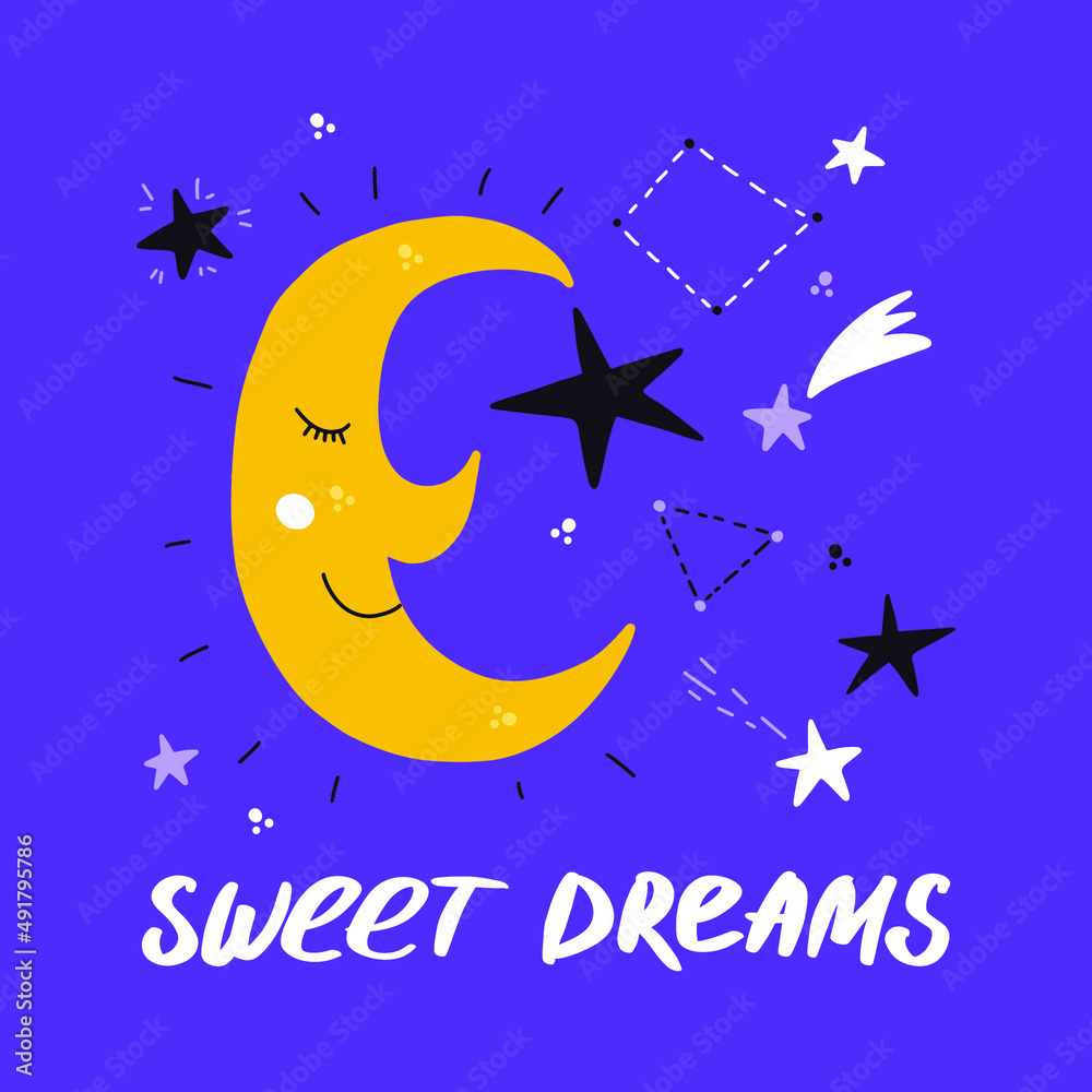 Vector illustration of cute sleepy moon and sweet dreams lettering ...