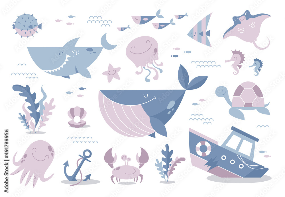 Poster Marine life. Cartoon set of sea creatures – Wall Art | UkPosters