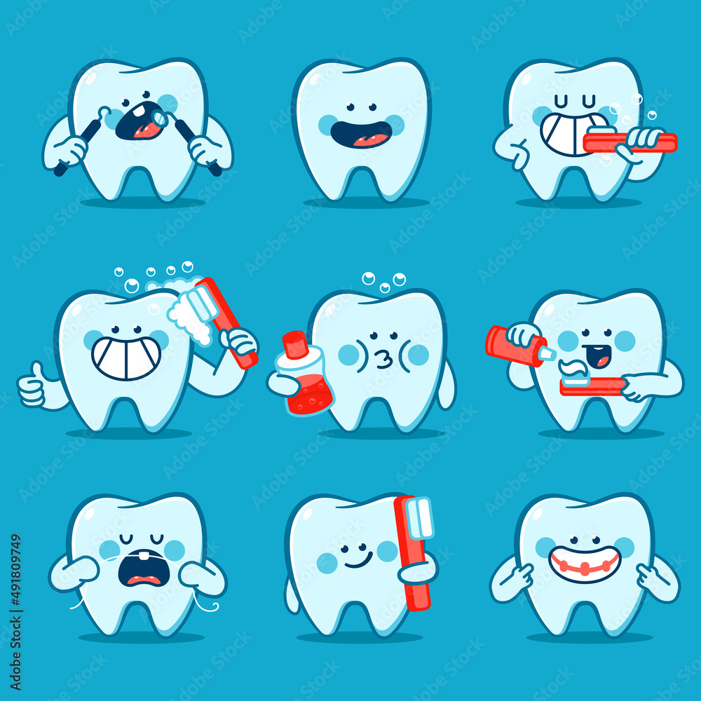 Cute cartoon teeth characters vector set isolated on background. Stock ...
