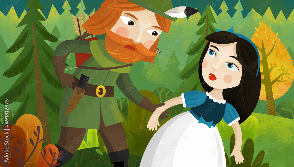 cartoon scene with hunter talking to princess Stock Illustration ...