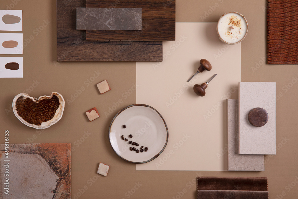 Flat lay of creative architect moodboard composition with samples of ...