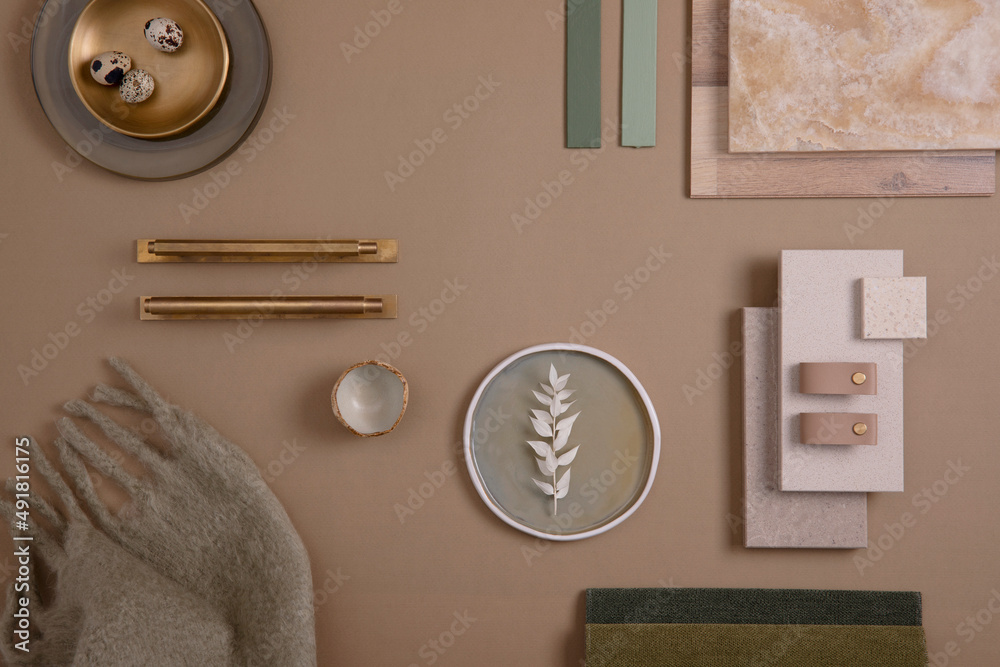 Creative flat lay composition of interior designer moodboard with ...