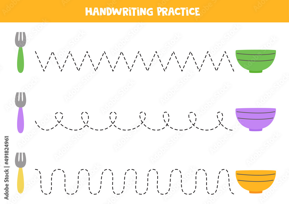 Vetor de Tracing lines with colorful bowls and forks. Writing practice ...