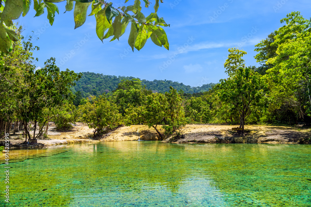 Beautiful crystal clear Emerald Pool, or Sa Morakot, famous natural ...