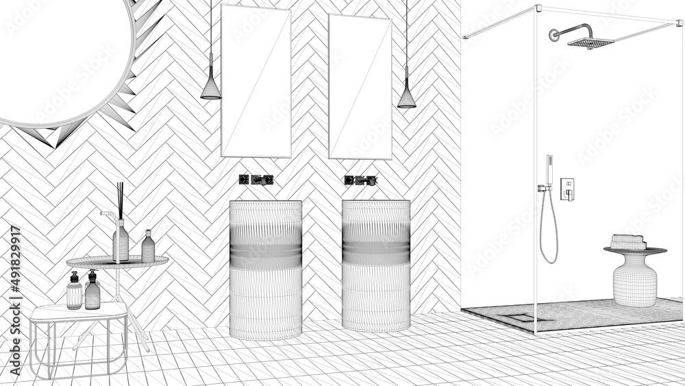 Blueprint project draft, modern bathroom, contemporary ceramics tiles ...