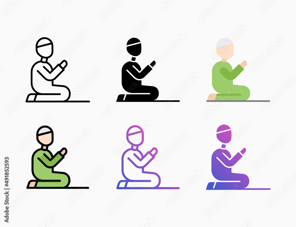 Praying Man icon set with different styles. Style line, outline, flat ...