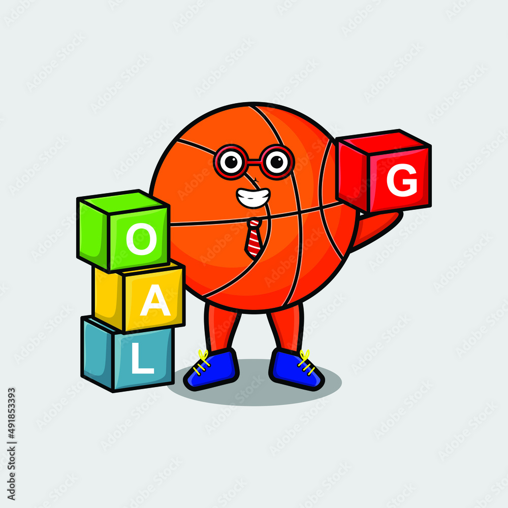 Cute cartoon basketball businessman stacking goal box in 3d modern ...