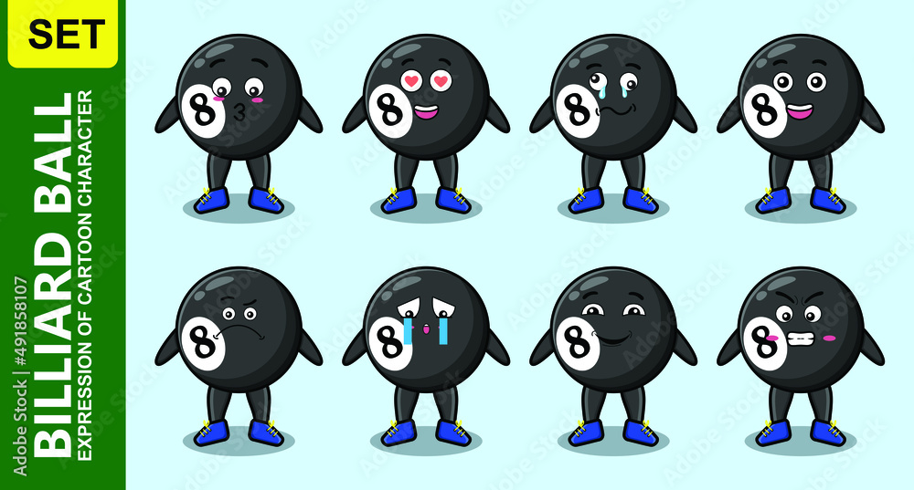Set kawaii billiard ball cartoon character with different expressions ...