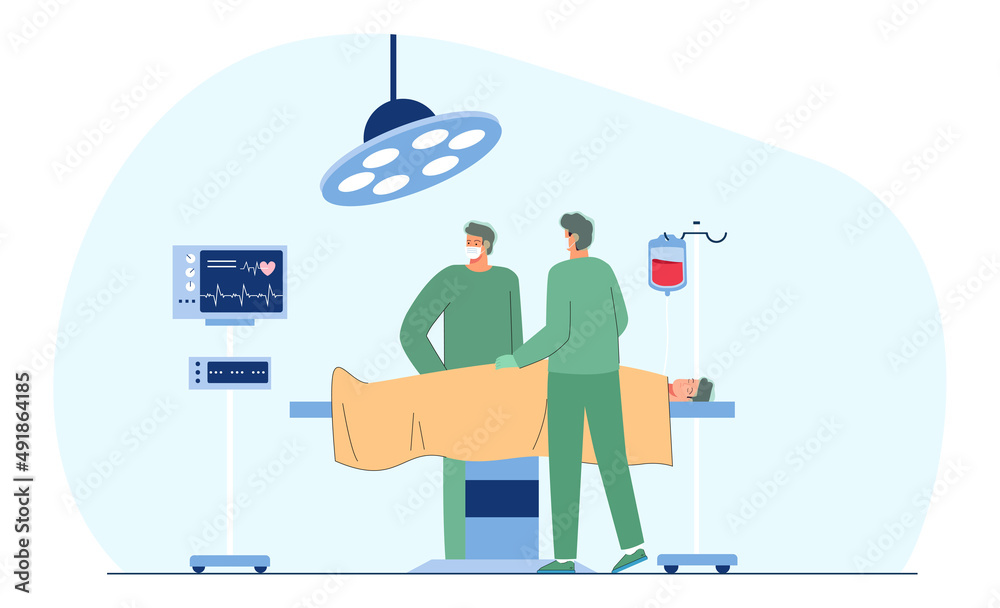 Cartoon surgeons operating on patient in clinic. Medical room with ...