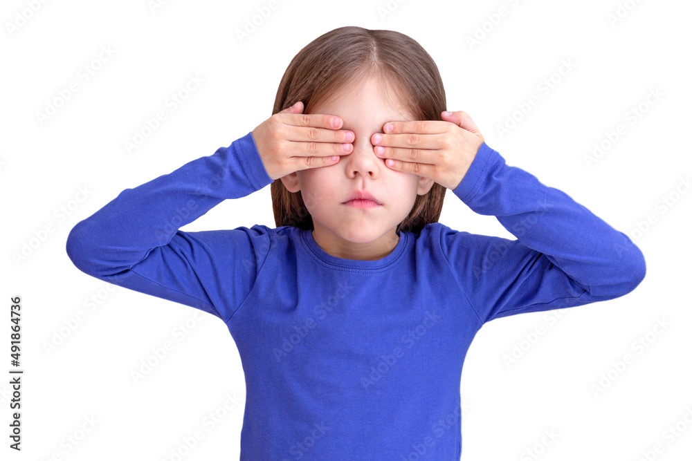 Child closing eyes by hands, isolated on white background waist up ...