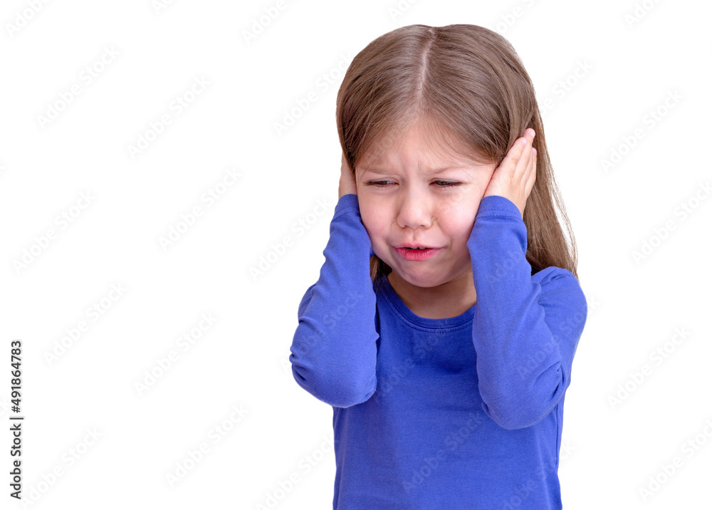 Crying child with tears on eyes closing ears by hands, isolated on ...