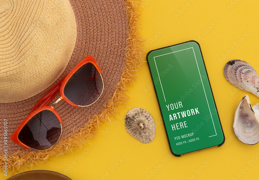 Phone with Beach Theme Mockup Stock Template | Adobe Stock