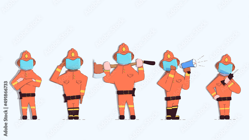 Set of illustrations of cartoon firefighters in different poses.Concept ...