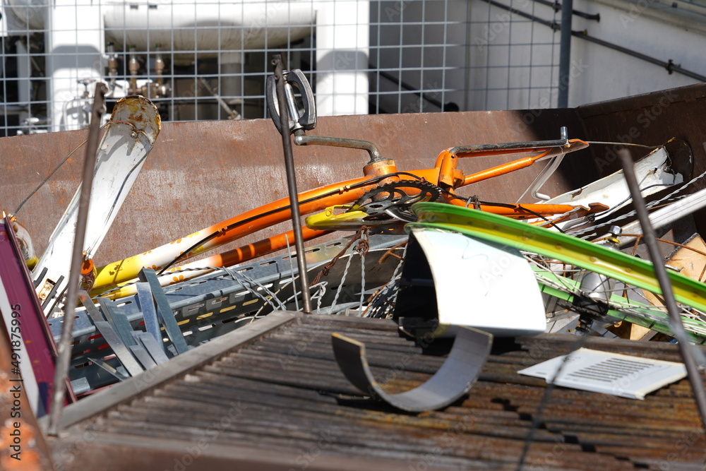 Miscellaneous and mixed metal waste collected in a container in a ...